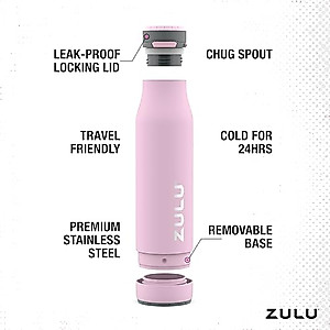 ZULU Ace 24oz Vacuum Insulated Stainless Steel Water Bottle with Chug Spout, Leak-Proof Locking Lid and Removable Base, Metal Reusable Bottle for Sports Gym Travel, Pink Cashmere