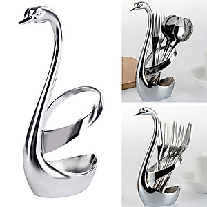 Creative Stainless Steel Fruit Food Fork Spoon Knife Cutlery Swan Base Holder - Silver SoundsBeauty