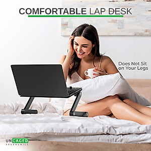 WorkEZ BEST Adjustable Laptop Stand Lap Desk for Bed Couch with Mouse Pad ergonomic height angle tilt aluminum desktop riser tray portable computer riser table cooler cooling folding holder black