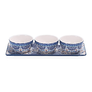 Bico Blue Talavera Ceramic Dipping Bowl Set (9oz bowls with 14 inch platter), for Sauce, Nachos, Snacks, Microwave & Dishwasher Safe