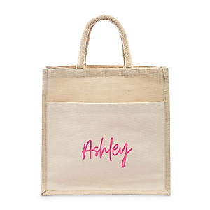 WEDDINGSTAR Personalized Medium Woven Jute Tote Bag With Pocket - Script Font