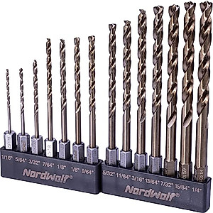 NordWolf 14-Piece M35 Cobalt Jobber Drill Bit Set for Stainless Steel & Hard Metals, Multi Points Drill Tip with 1/4" Hex Shank for Quick Chucks & Impact Drivers, SAE Sizes 1/16" to 1/4"