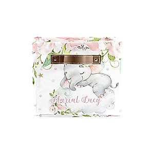 Elephant Pink Floral Custom Storage Basket ,Personalized Storage Bins Cubes Organizer with Handle for Bedroom Wardrobe,Nursery,Basket 1 Pack