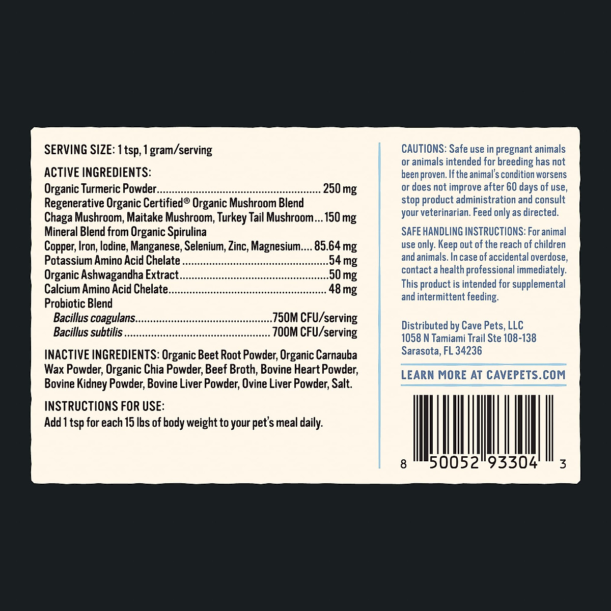 Cave Pets, Super Blend Powder, Dog Probiotic for Digestive Health and Microbiome Support, Multi-Glandular & Turmeric, 30 Servings