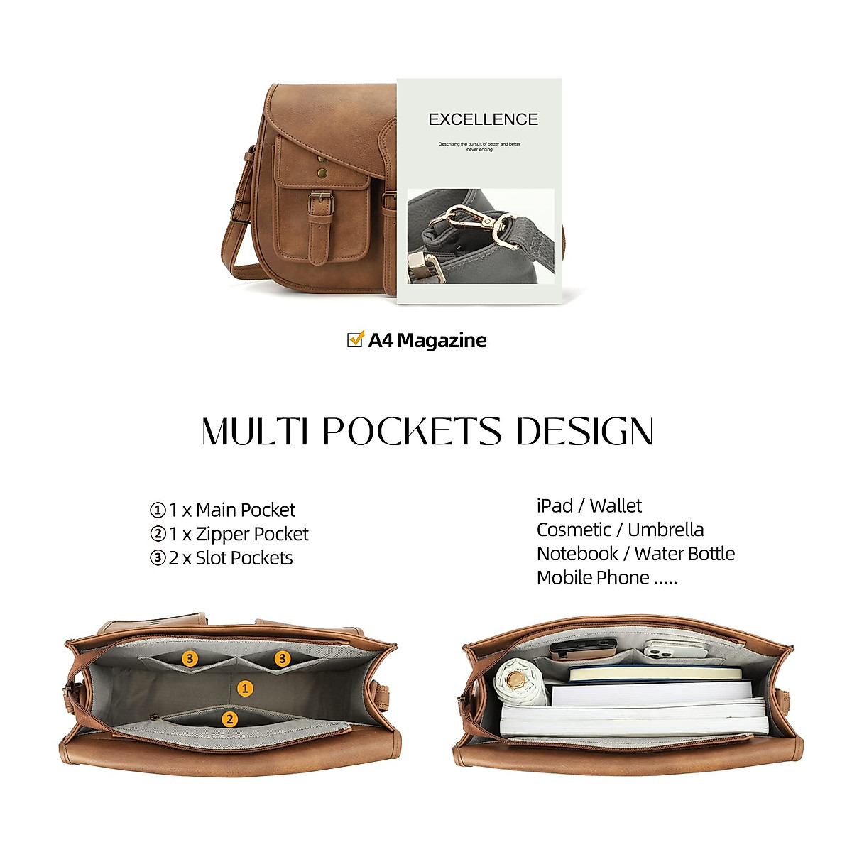 KouLi Buir Crossbody Bags for Women PU Leather Purse Womens Purses and Handbags Over The Shoulder Satchel Bag (Brown)