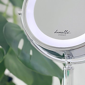 Danielle Creations Professional-Grade Double-Sided L.E.D. Vanity Mirror with Strong 15X Magnification, 360-Degree Rotation, Ultra-Vue Distortion-Free True Image Reflection, Silver Chrome Finish