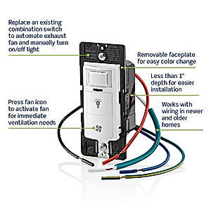 Leviton DHD05-1LW Dual Combination Humidity Sensor with Separate Light Switch, automate bathroom exhaust fan, air circulation, moisture control, ¼ HP, Single Pole/Single Pole, White