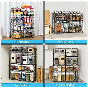 Stackable Wire Basket for Kitchen & Pantry, 4 Tier Countertop & Cabinet Spice Rack with Adjustable Dividers, Metal Spice Organizer Storage Basket for Spice Canned Snack Black