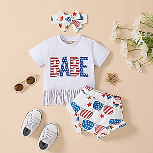 Toddler Girls Short Sleeve Independence Day 4 of July Letter Printed Tassels T Shirt Tops Infant Summer Outfit White