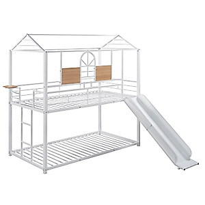 Twin Over Twin Metal Bunk Bed with Slide and Integrated Ladder, Housebed Bunk Bed for Kids Toddlers, Can be Decorated with Mosquito nets (White with White Slide)
