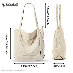 KALIDI Women Corduroy Tote Bag Large Shoulder Tote Bag with Zipper Pocket Casual Hobo Handbag Big Capacity Shopping Work Bag