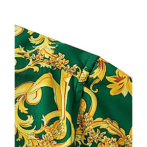 fohemr Mens Gold Chain Dress Shirts Luxury Short Sleeve Baroque Print Casual Button Down Design Buchona Shirts Green XX-Large