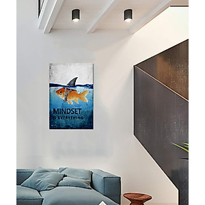 Goldfish Shark Motivational Poster Mindset is Everything Inspiring Canvas Wall Art Pictures Prints Framed Modern Home Decoration Artwork Great Gift Gym Living Room Bedroom Office(12''W x 18''H)