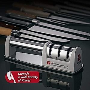 Amesser Knife Sharpener Diamond Wheel - Quickly Sharpen, Honing, Polish Kitchen Knives with 3 Stage Grit 360/600/1000, Anti·Slip Mat and Cut Resistant Glove for Safety (Light Gray)