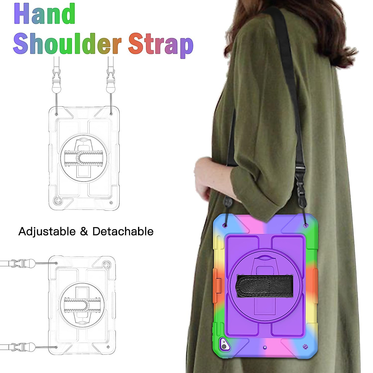 BMOUO Case for iPad 6th/5th Generation Case (9.7 inch, 2018/2017), 360°Rotating Stand, Hand/Shoulder Strap Shockproof iPad 9.7” Case for iPad Air 2, Purple