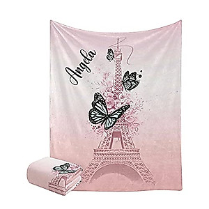 Butterfly and Eiffel Tower Personalized Name Soft Fleece Bed Blankets Throws as Birthday Wedding Gifts for Sofa Couch 50'' x 60''