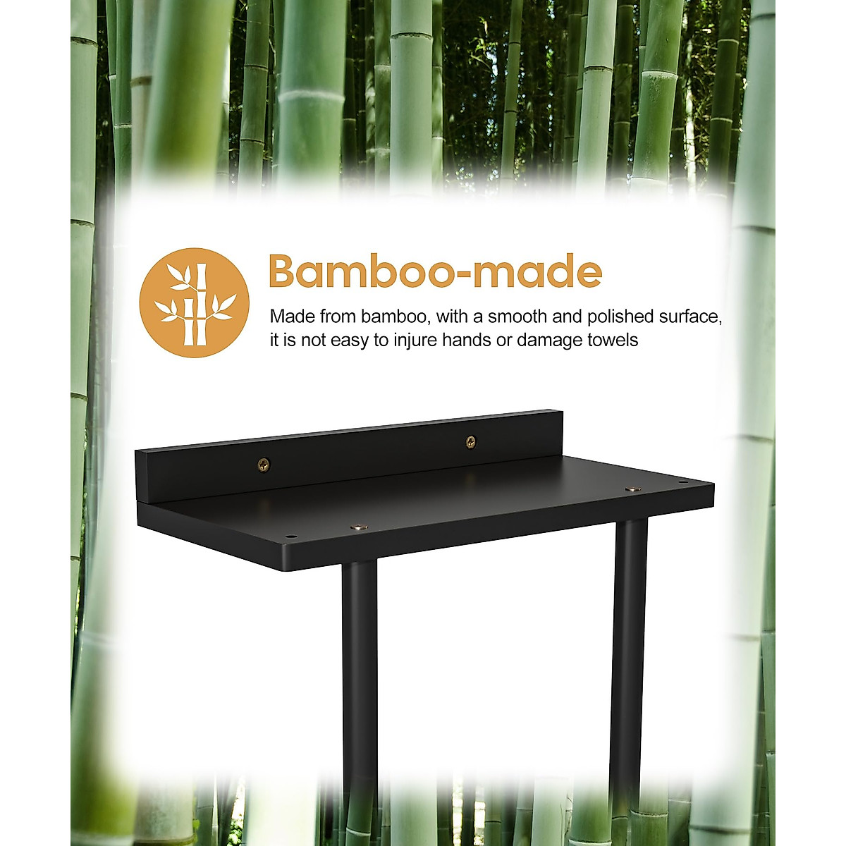 Cozivolife Bamboo Towel Rack for Bathroom with 2 Hooks, 32.7 inch with Shelf Wall Mounted Towel Storage Organizer, Large Capacity Towel Holder for Bathe Towels and Hand Towels (Black)