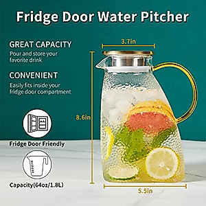 Fridge Pitcher, 64 oz/1800ml Glass Pitcher With Lids for Fridge, Ice Tea Pitcher, Great for Juice, Milk, Coffee, Lemonade - Heat Resistant Borosilicate Glass Jug