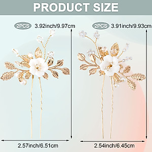 ANCIRS 4 Pack Crystal Flower Bridal Hair Styling Pins for Wedding, Anti-Slip Ceramic Leaves Shape Rhinestone Pearls Head Piece Accessories for Women Bride Wedding Hairstyles- Gold