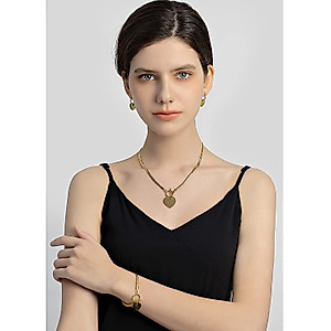 CLASSYZINT Heart Pendant Necklace and Bracelet Heart Hoop Dangle Earrings 14k Gold Plated Stainless Steel Gold Jewelry Set for Women
