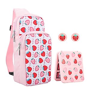 RHOTALL Pink Travel Bag for Nintendo Switch/Lite/OLED,Large Capacity Portable Carrying Case Compatible for Chest Shoulder Accessories Storage Backpack with12 Slots Game Case,Thumb Grip Caps-Strawberry