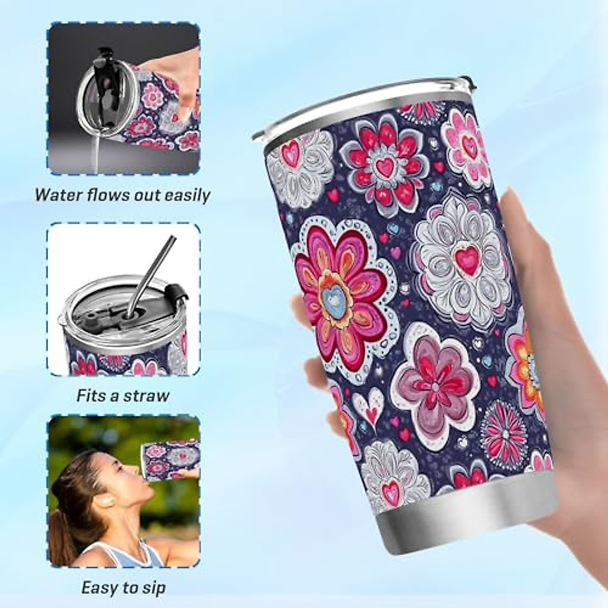 sanluoli Grayish-pink Colored Flowers Stainless Steel drinking cups with Straw Leak Resistant Flip coffee travel mug 20oz for outdoor simply insulated tumbler 20 OZ