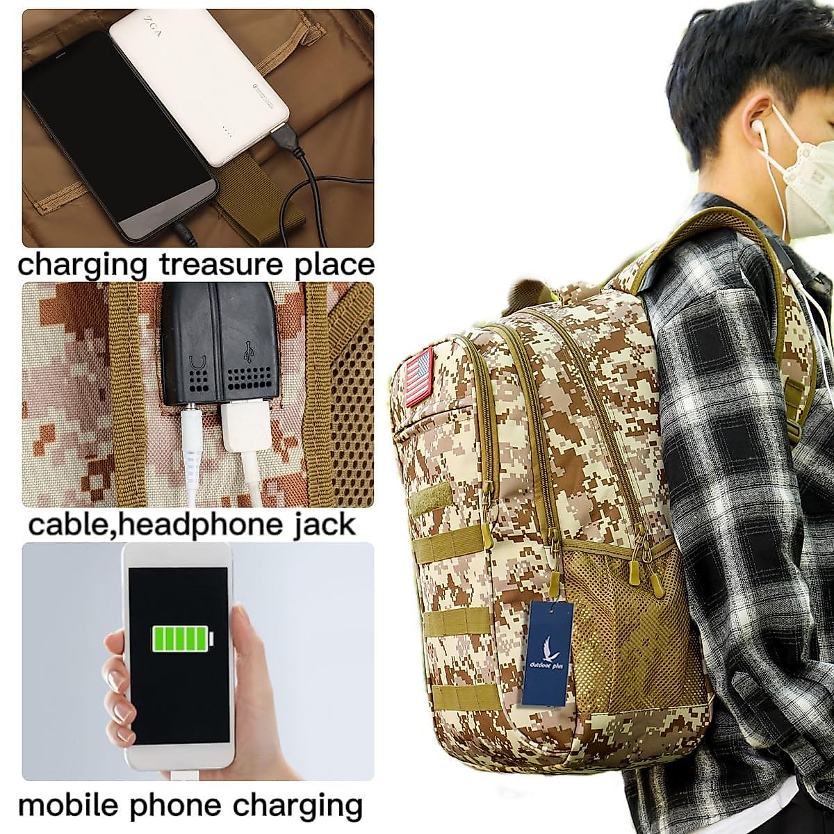 outdoor plus Camo Backpack,Military Boys Backpacks for School,40LArmy Bookbag with USB Charging Port Waterproof