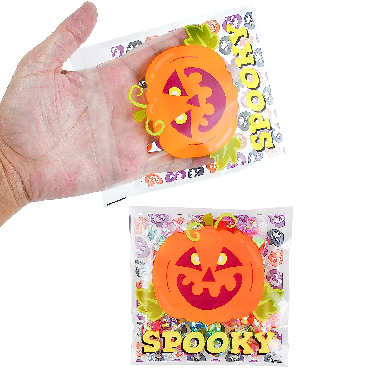 JOYIN 150 Pcs Halloween Cellophane Treat Bags, Halloween Clear Self Adhesive Cookie Bags Mini Candy Bags for Trick or Treat, Double Sided Halloween Bags for Kids Halloween Party Favor Supplies
