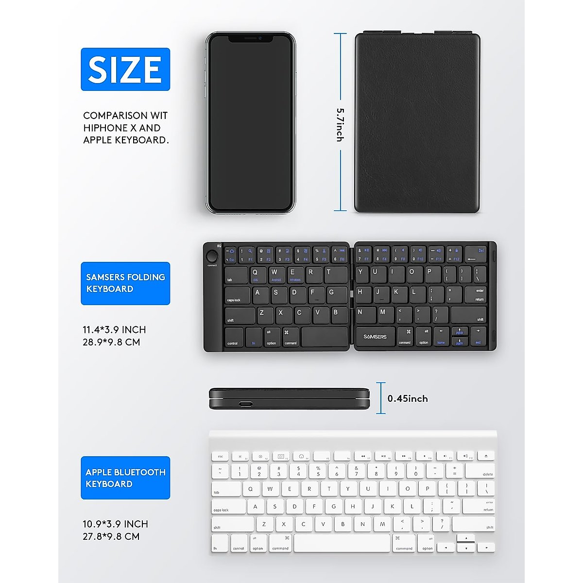 Samsers Foldable Bluetooth Keyboard - Portable Wireless Keyboard with Stand Holder, Rechargeable Full Size Ultra Slim Keyboard Compatible IOS Android Windows Smartphone Tablet and Laptop-Black