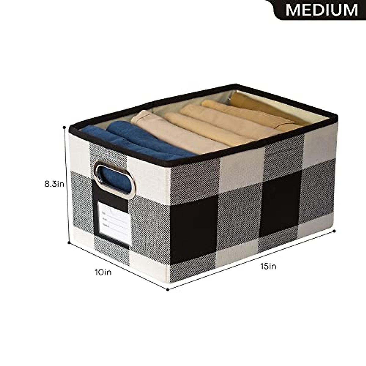 ANMINY 2PCS Storage Bins Set Cotton Linen Fabric Open Storage Basket Box Foldable Washable Rectangular Cube Organizer with Handles Label Window Pocket Thick PP Plastic Board - Medium, Black Plaid