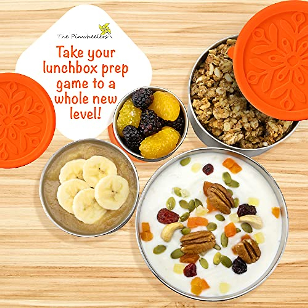 The Pinwheelers - Storage Containers With Lids, Food Storage Container Christmas Gift Bundle, Stainless Steel Containers With Lids In 4 Assorted Sizes, Family Gifts Ideas, Orange Lid