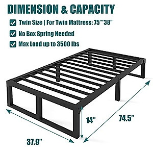 Yitong Angel Twin Bed Frame, 14 Inch High 3500 lbs Heavy Duty Metal Platform, Mattress Foundation with Steel Slat Support/No Box Spring Needed/Noise Free/Non-Slip/Easy Assembly