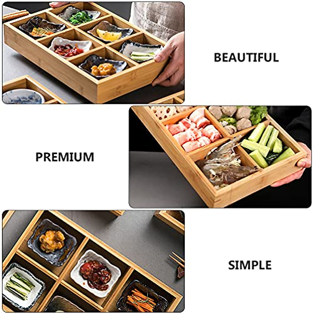 Cabilock Divided Bamboo Tray with 6 Dining Grids Food Serving Plate Fruit Box Dish Vegetable Containers Dessert Storage Bin Organizing for Home Restaurant Hotel