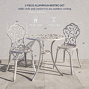 BELLEZE 3 Piece Bistro Set, Aluminum Bistro Table Set Outdoor Bistro Set, Weather-Resistant Garden Table and Chairs Wrought Iron Patio Furniture for Balcony Backyard, Leaf Design - White