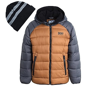 DKNY Boys' Winter Jacket - Midweight Polar Fleece Lined Quilted Insulated Parka Puffer Down Coat with Beanie Hat (Sizes:8-20), Size 10-12, Timber Tan/Charcoal
