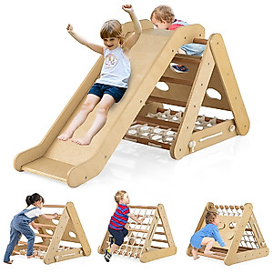 HONEY JOY 4-in-1 Triangle Climber with Ramp, 3-Side Kids Climbing Triangle Ladder with Net Rope & Bars, Wooden Montessori Climbing Toys for Toddlers Daycare, Gym & Playground, Gift for Boys Girls