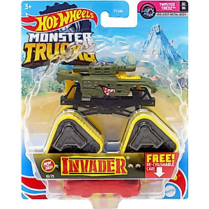 Monster Trucks 2021 Invader with re-Crushable car 18/75, 1:64 Scale diecast Truck (Army Green)