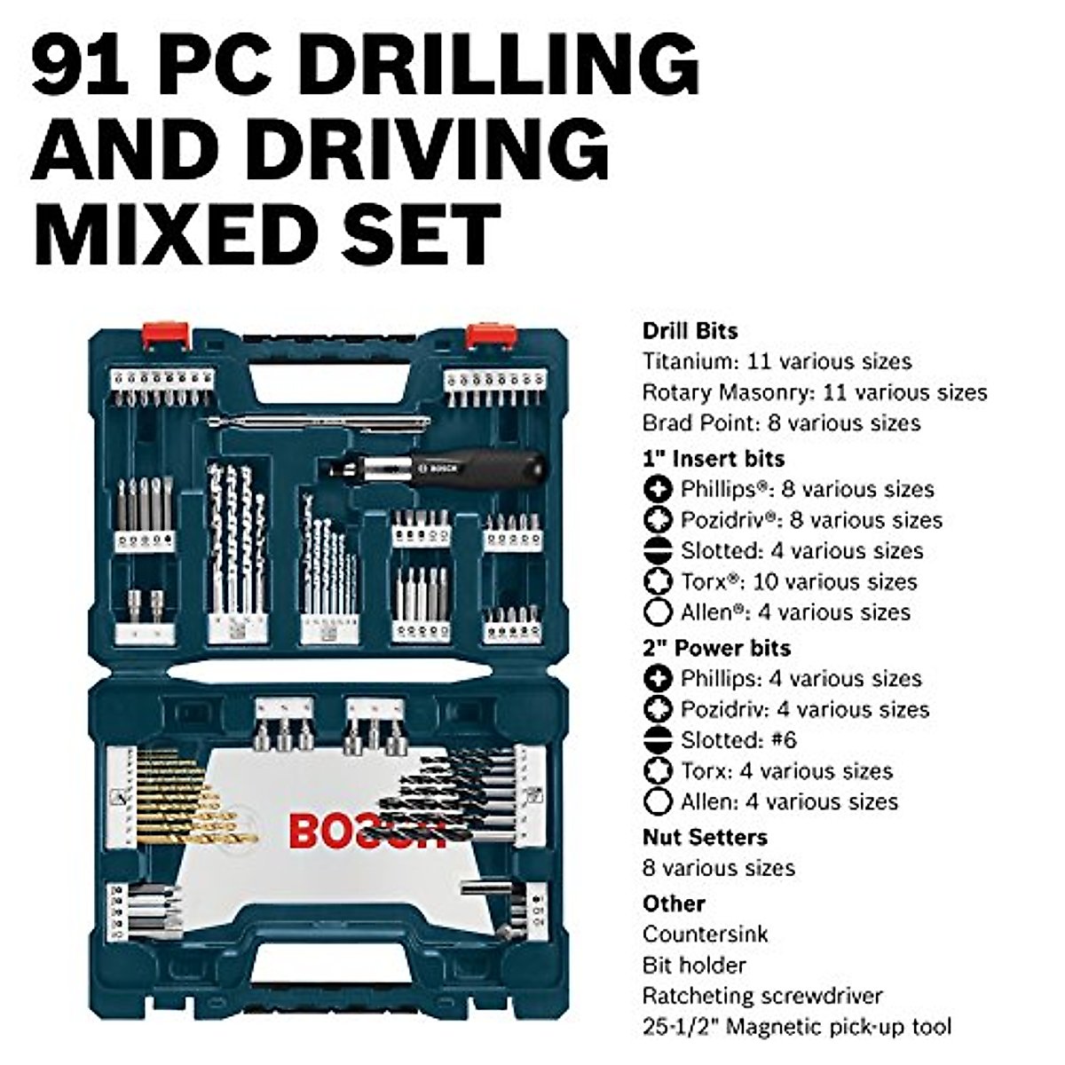 Bosch Power Tools Drill Kit - CLPK22-120 - 12-Volt Lithium-Ion 2-Tool Combo Kit (Drill/Driver and Impact Driver) with 2 Batteries, Charger and Case w/ 91 pc drill and drive bit set