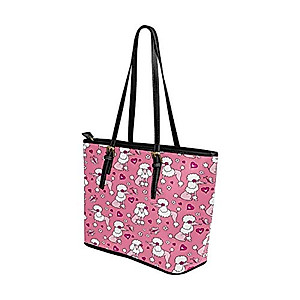 InterestPrint Women Totes Top Handle HandBags PU Leather Purse Pattern Dog Poodle Gray Pink
