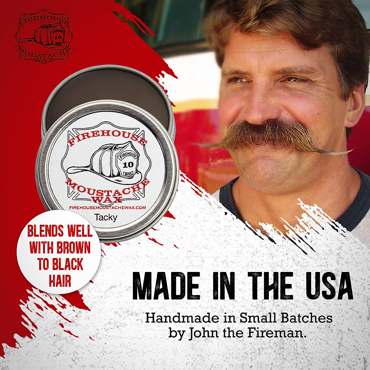 Firehouse Moustache Wax WACKY TACKY - Strong Heavy-Duty Dark Mustache & Beard Wax, Naturally Scented & Colored, All-Weather Mustache Wax (1 Ounce Tin); HANDMADE in Small Batches by John the Fireman
