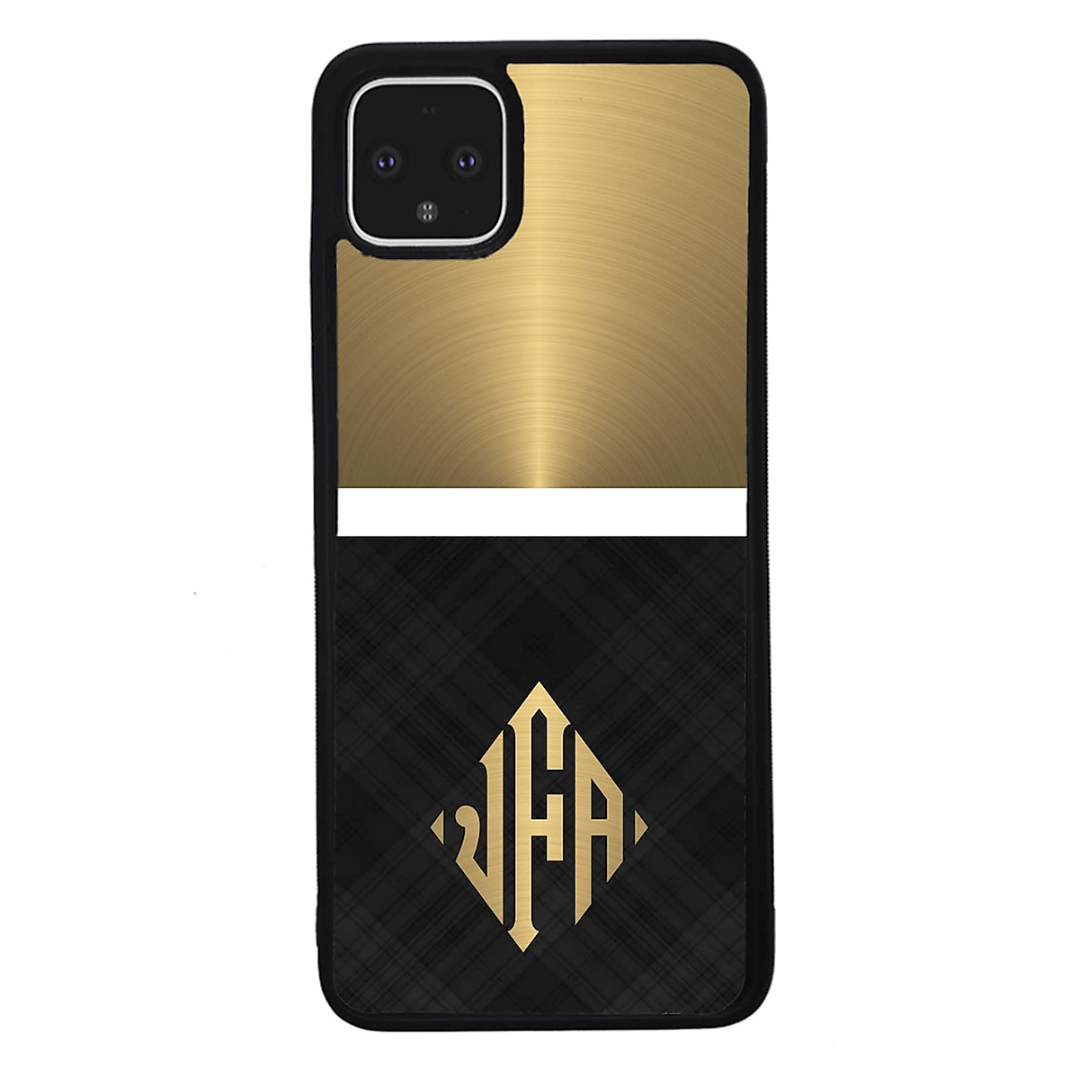 Black and Gold Personalized Diamond Monogram Black Rubber Phone Case Compatible With Google Pixel 8 Pro, 8a, 8, 7a, 7, Pixel 7 Pro, 6a, Pixel 6 Pro, 6, 5, 4a 5G, 4a 4G, 4, 4 XL, 3a, 3a XL, 3, 3 XL