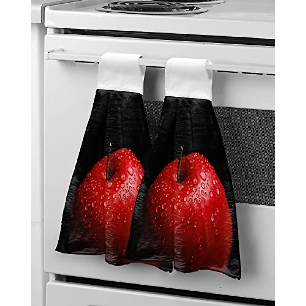 Red Apples with Water Drops Hanging Kitchen Towels Soft Absorbent Hand Tie Towels Set with Hook&Loop, Close-up Fruit Art on Black Tea Bar Dish Cloths Towel for Bathroom Laundry Room BBQ, 2pc
