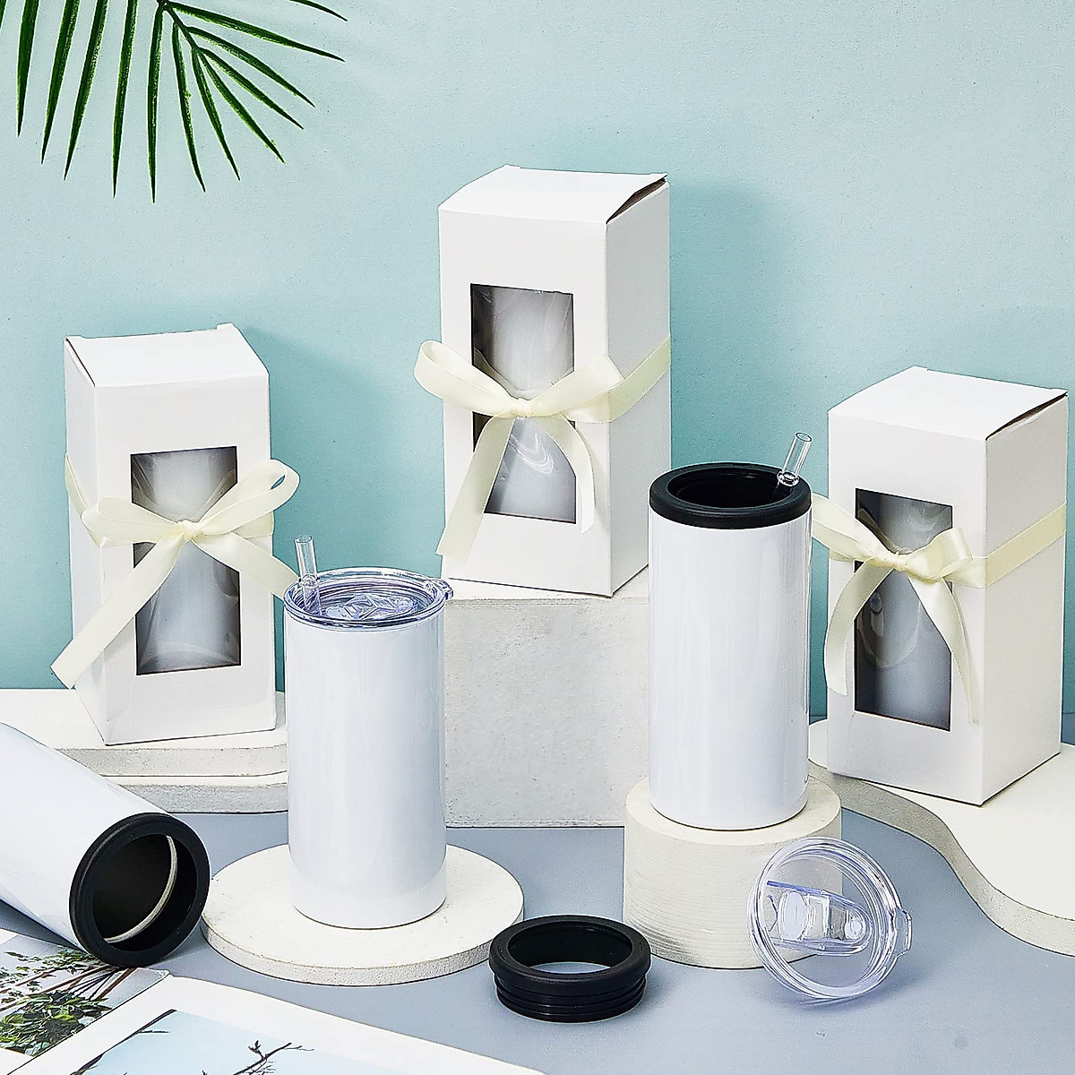 Meanplan 12 Pack Sublimation Skinny Can Cooler 12 oz White Sublimation Can Holder Blanks Insulated Stainless Steel Sublimation Drink Tumbler Holder with Gift Boxed Straws for Valentines(Tall Style)