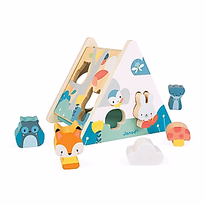 Janod - Pure Wooden Shape Sorter - Early Learning Toy - 6 Pieces Included - Handling and Building - Water-Based Paint - from 18 Months Old, J05150