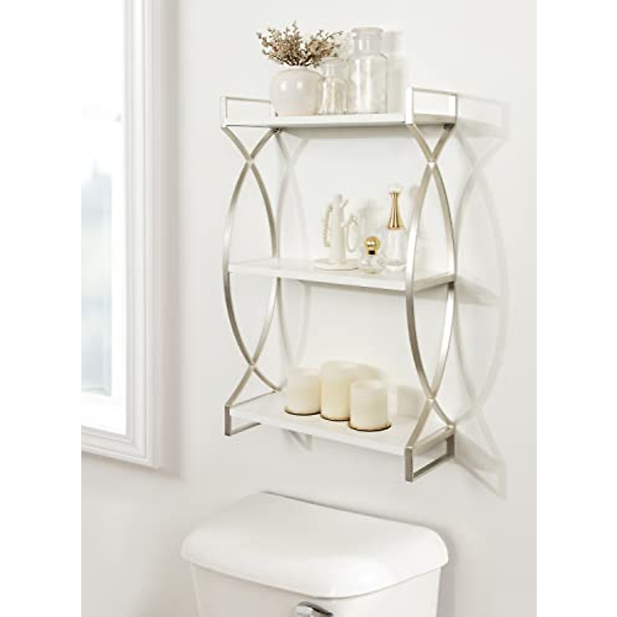 Kate and Laurel Arietta Modern Glam 3-Tier Wood and Metal Shelf, 18 x 7 x 28, White and Silver, Chic Contemporary Storage and Decor