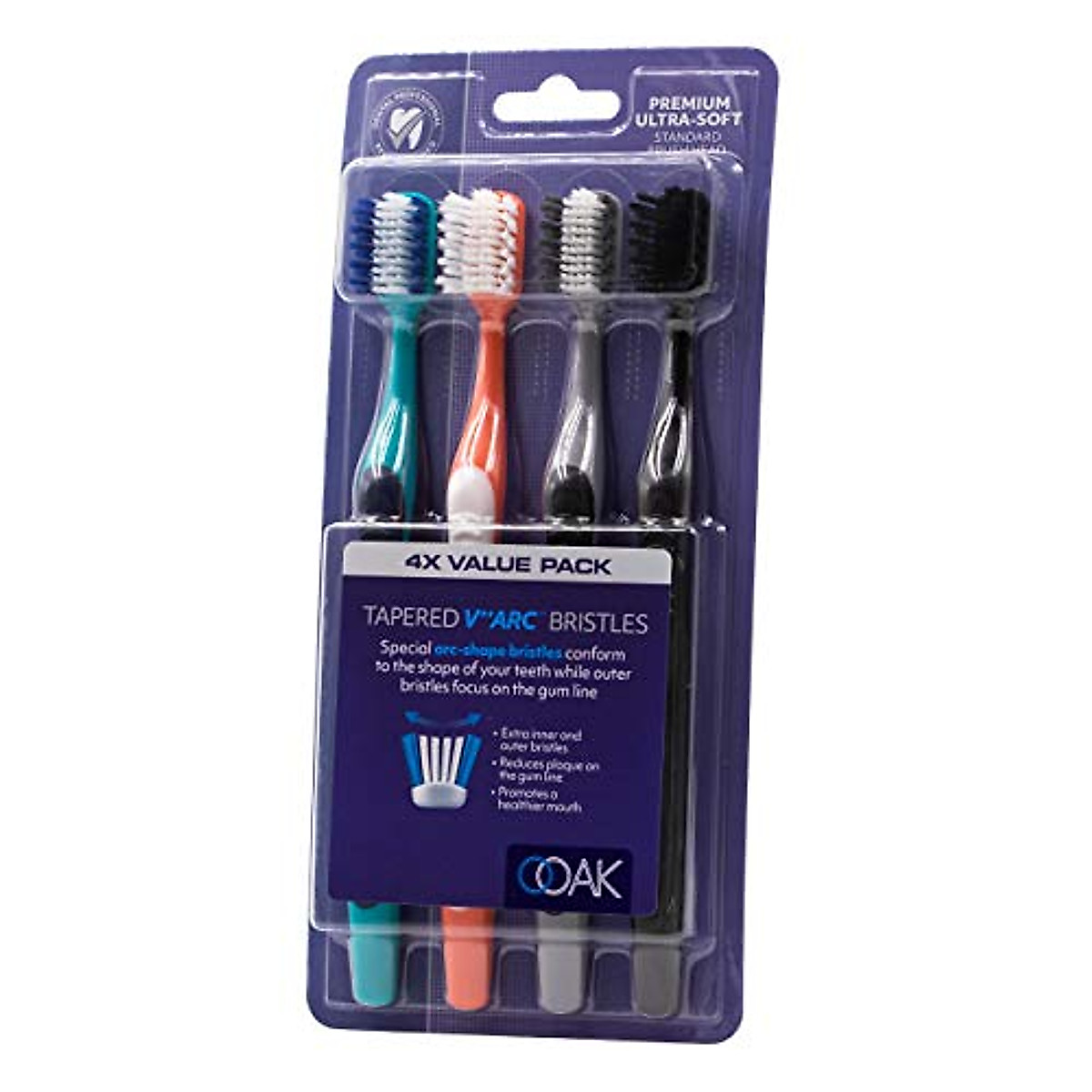 Ooak Toothbrush, Tapered V++Arc Soft Bristles, Standard Brush Head 4 Pack - Multiple Colors