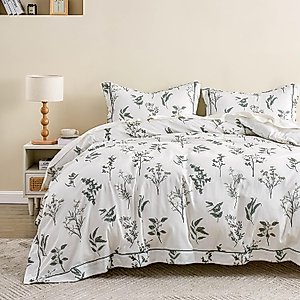 Simple&Opulence 100% Cotton Duvet Cover Set King Size, 3Pcs White Floral Botanical Printed Comforter Cover Set with Button Closure, Soft Breathable Bedding with Linen Trim for All Seasons