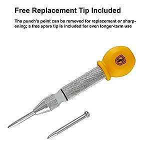MulWark 5" Spring-Loaded Automatic Steel Center Hole Punch Marker Scriber For Wood, Metal, Plastic, Car Window Puncher Breaker Tool-With Palm Cushion Cap, Adjustable Impact-A Replacement Tip Included