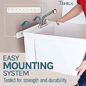 JS Jackson Supplies Tehila White Wall-Mounted Utility Sink Tub Kit with Chrome Finish Pullout Faucet, Wall-Mounted Utility Tub with Wall Bracket for Laundry Room, Garage, Workshop