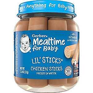 Gerber Mealtime for Baby Lil’ Sticks, Chicken Sticks, Packed in Water, No Nitrates or Nitrites Added, for Crawlers 10 Months & Up, 2.5-Ounce Jar (Pack of 10 Jars)